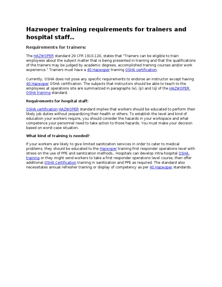Hazwoper Training Requirements For Trainers and Hospital Staff | PDF