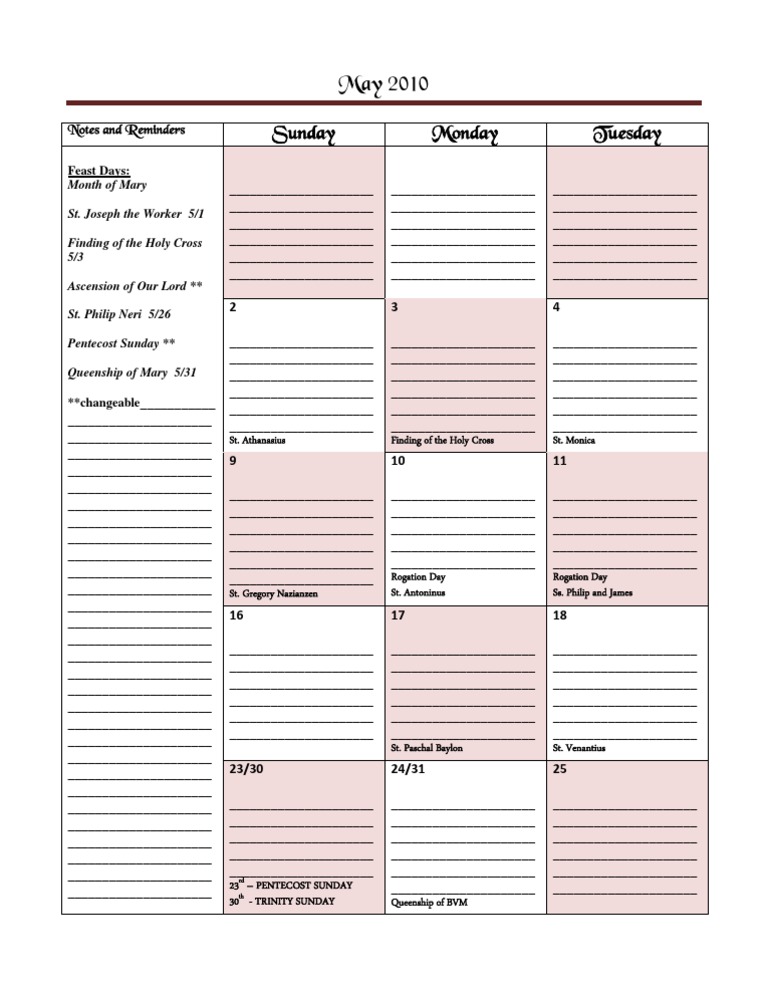 May 2010 Calendar PG 1 | PDF | Christian Saints | Catholic Church