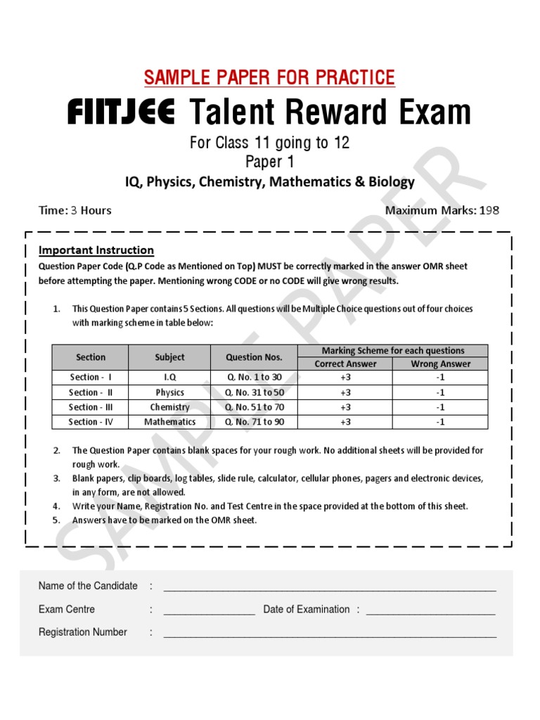 FTRE Sample Paper Class 11 To 12 Paper 1 | PDF | Ellipse | Test ...