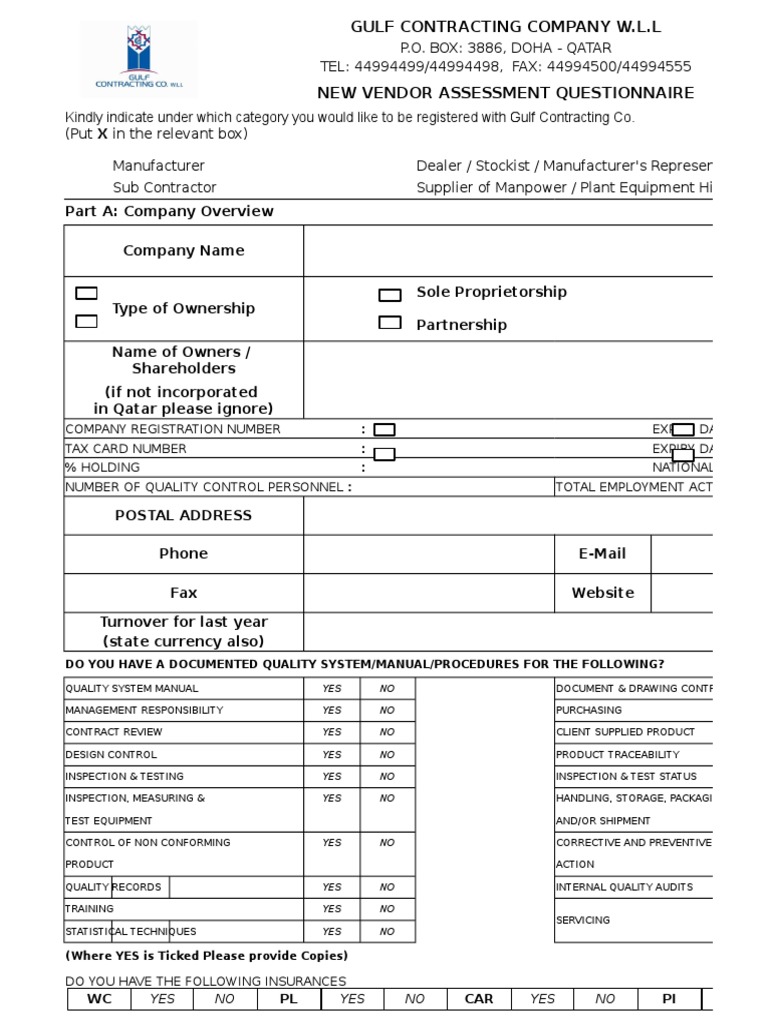 QMS F 09A Rev 05 New Vendor Assessment Questionnaire | PDF ...