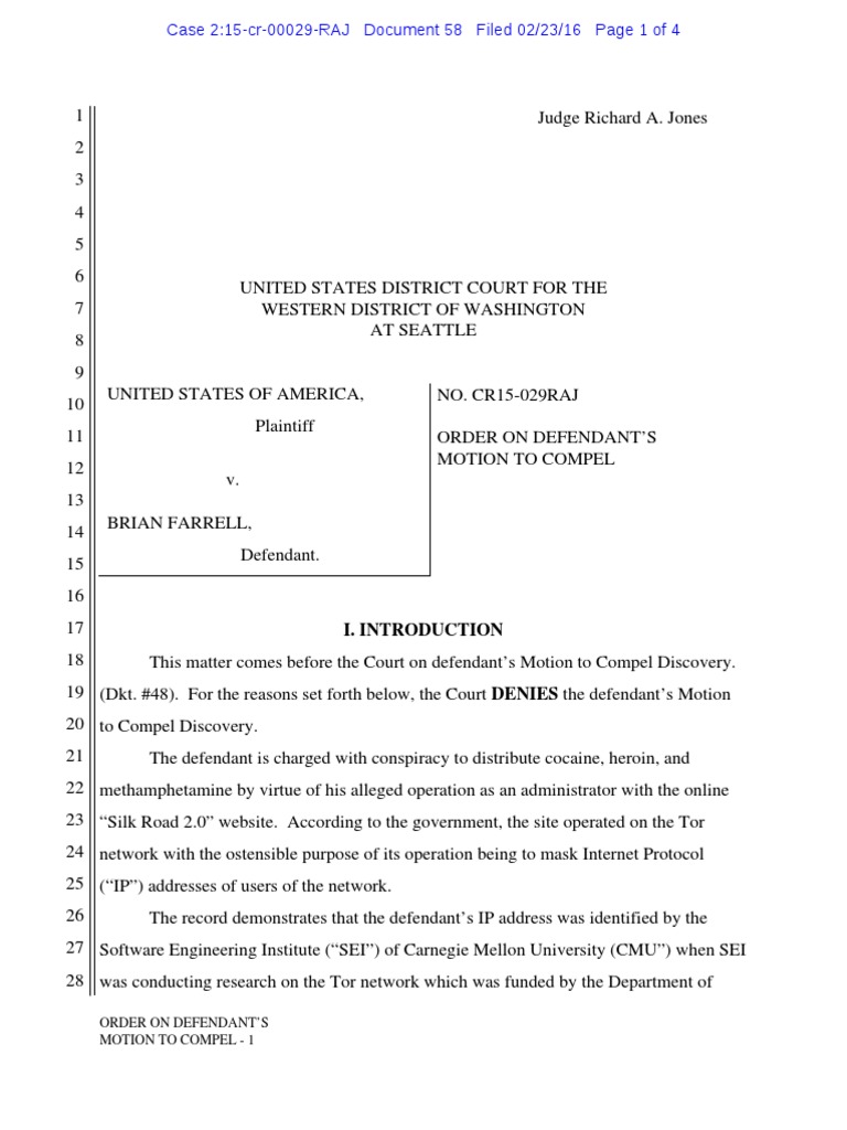 Farrell: 02 - 23 - 2016 Order Denying Motion To Compel | PDF | Tor (Anonymity Network ...