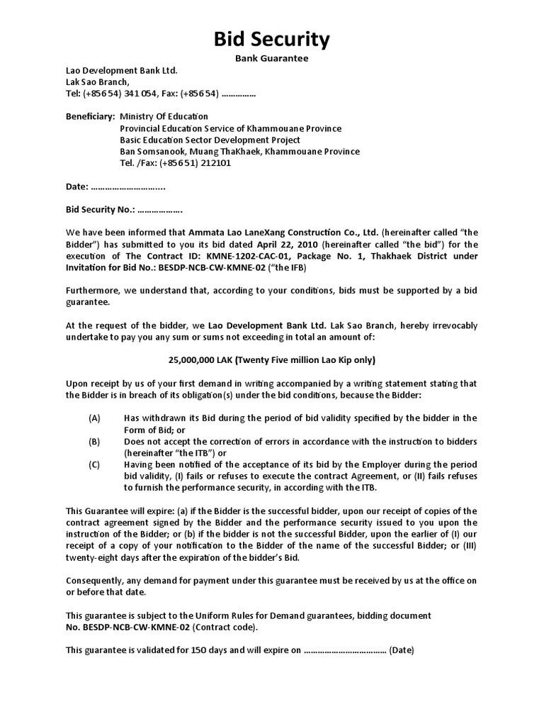 Bid Security | PDF | Guarantee | Contract Law