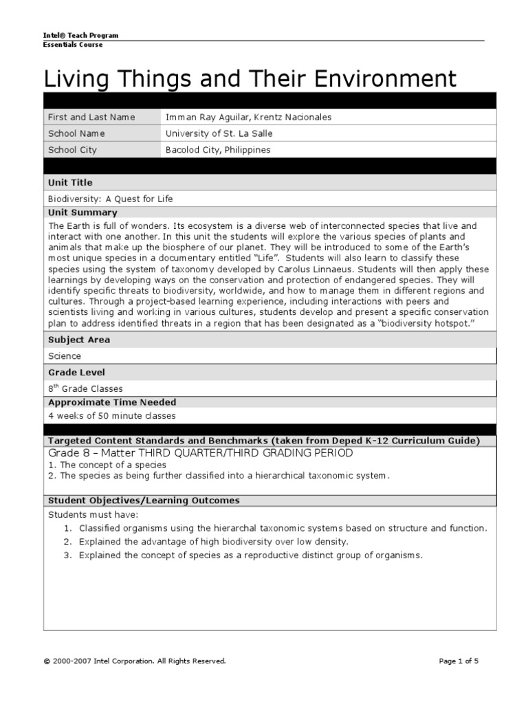 Sample Unit Plan In Science Intel Teach Conservation Biology