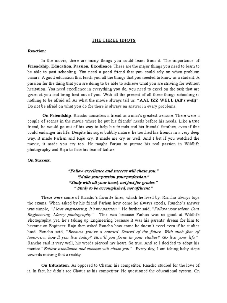 Reaction Paper 3 Idiots | PDF