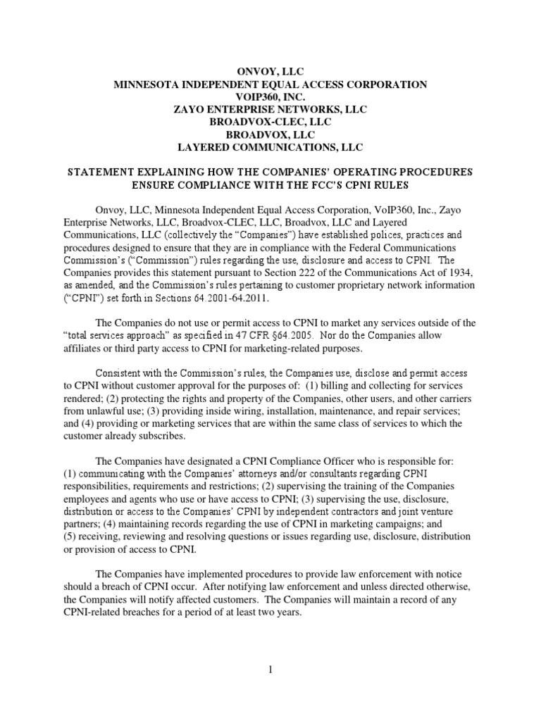 Onvoy, LLC and Subsidiaries CPNI Statement 2-24-16 PDF | PDF | Federal ...
