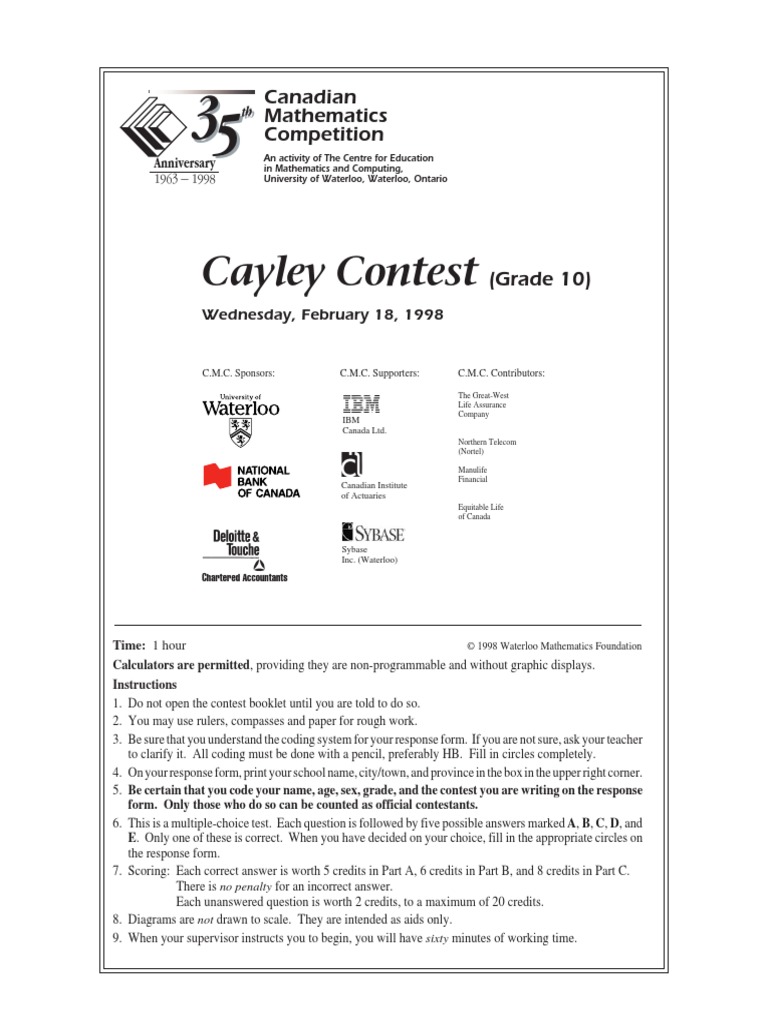 Cayley Contest: Canadian Mathematics Competition | PDF | Geometry ...