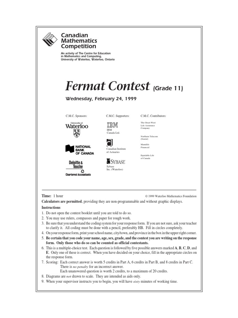 Fermat Contest: Canadian Mathematics Competition | PDF
