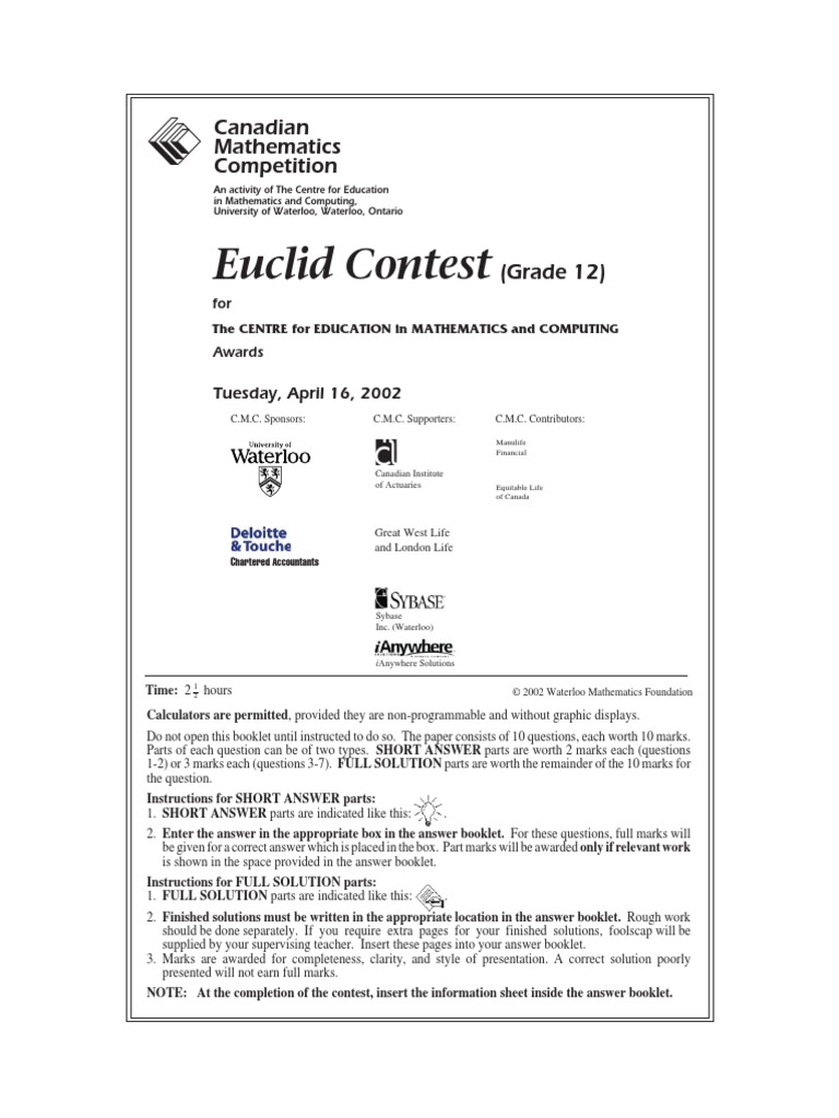 Euclid Contest: Canadian Mathematics Competition | PDF | Triangle ...