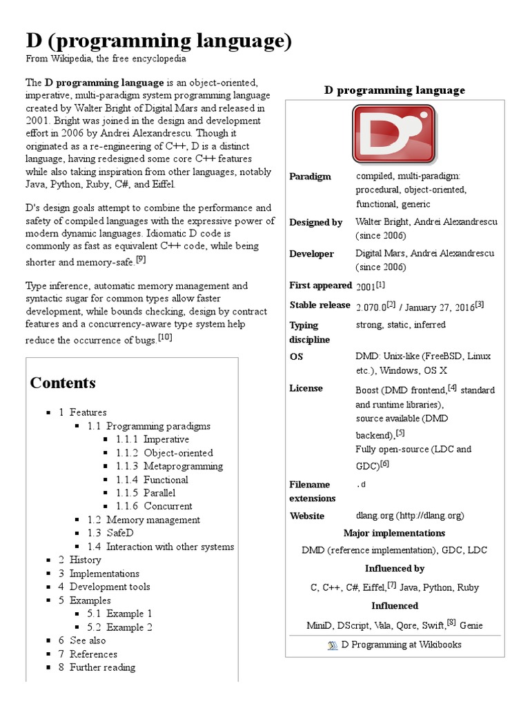 D Programming Language Wikipedia The Free Encyclopedia Pdf C