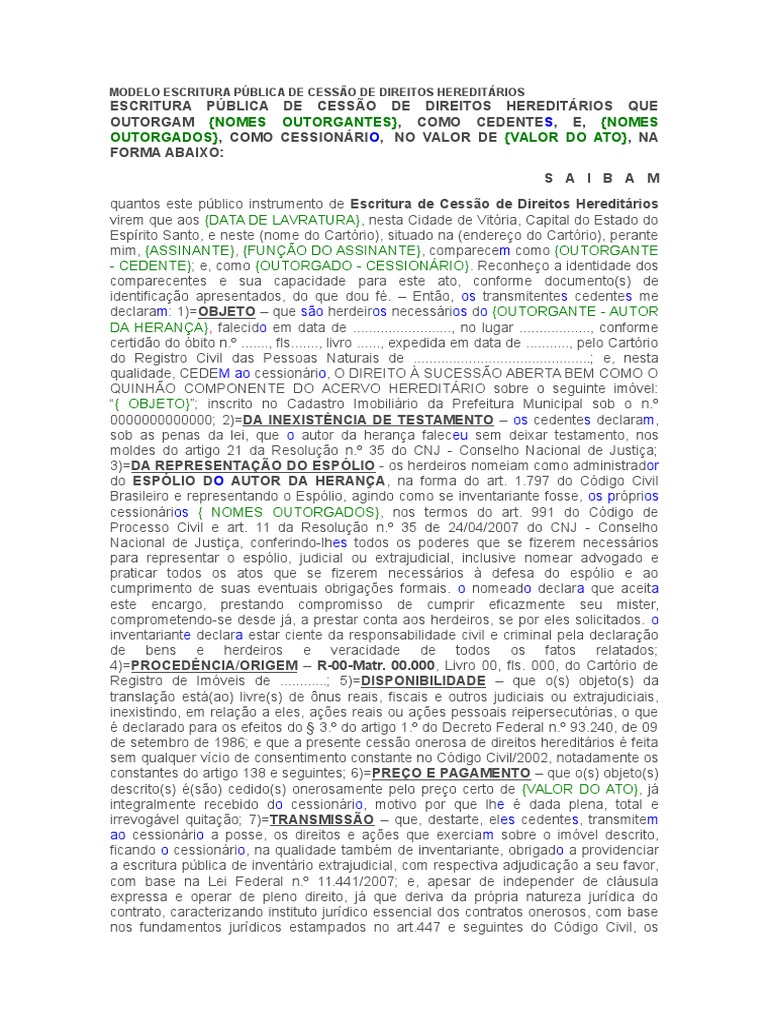 Modelo Escritura Pública De Cessão De Direitos Hereditários Download