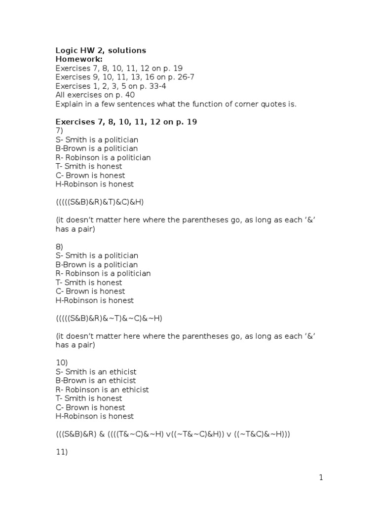 Solutions To Logic Homework Exercises And Discussion Of Formal Logic