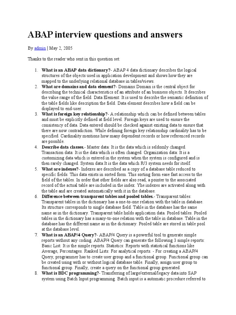 ABAP Interview Questions and Answers | PDF | Inquiry | Databases