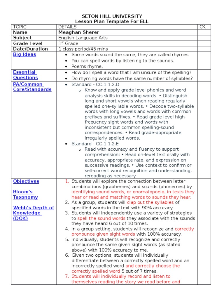 Rhyming Words Lesson for ELL Students | PDF | Rhyme | Educational ...