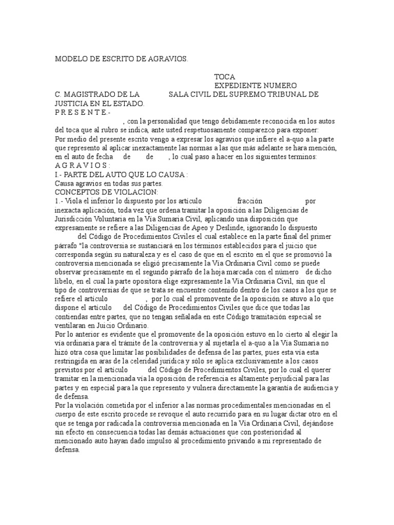 MODELO DE ESCRITO DE AGRAVIOS