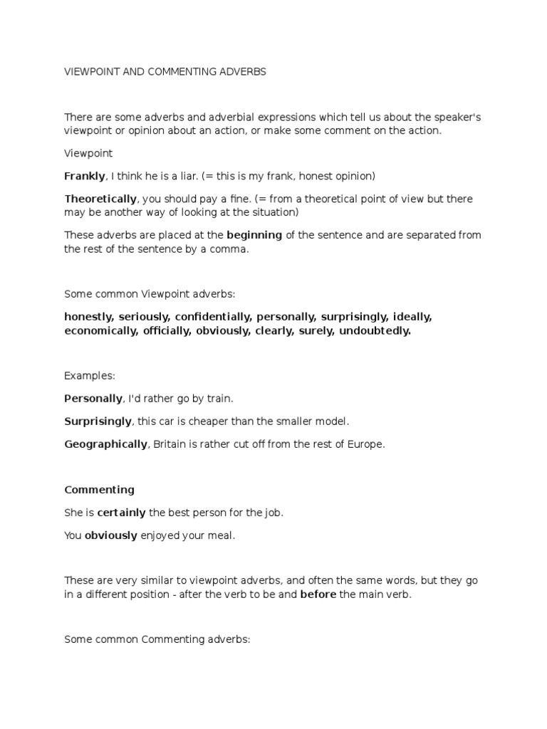 Viewpoint and Commenting Adverbs | PDF | Adverb | Grammar