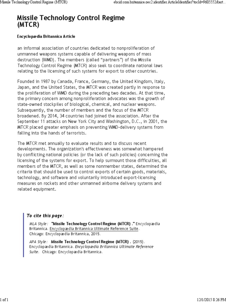 Missile Technology Control Regime (MTCR) | PDF