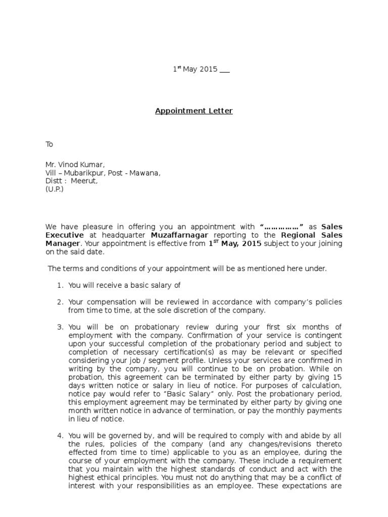 Appointment Letter - Vinod Kumar | Trade Secret | Employment