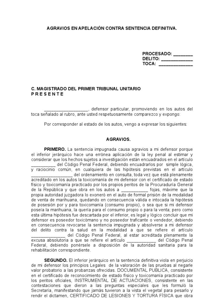 Agravios en Apelación Contra Sentencia Definitiva | PDF | Derecho penal | Instituciones sociales