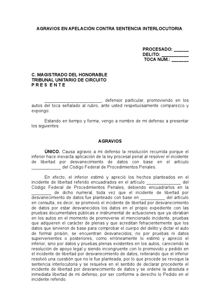 AGRAVIOS EN APELACIÓN CONTRA SENTENCIA INTERLOCUTORIA