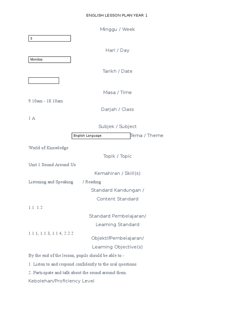 English Year 1 Lesson Plan Week 3 | Lesson Plan | Educational Assessment