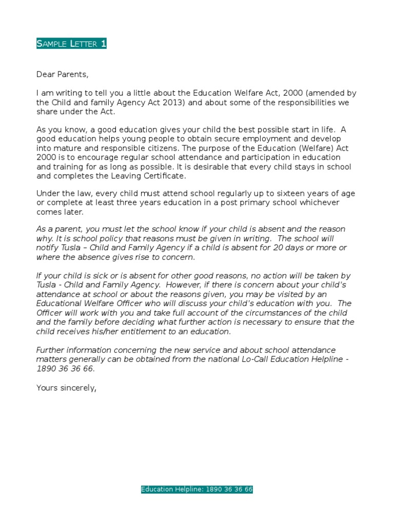 Sample School Letters EWS Tusla | Welfare | Government Information