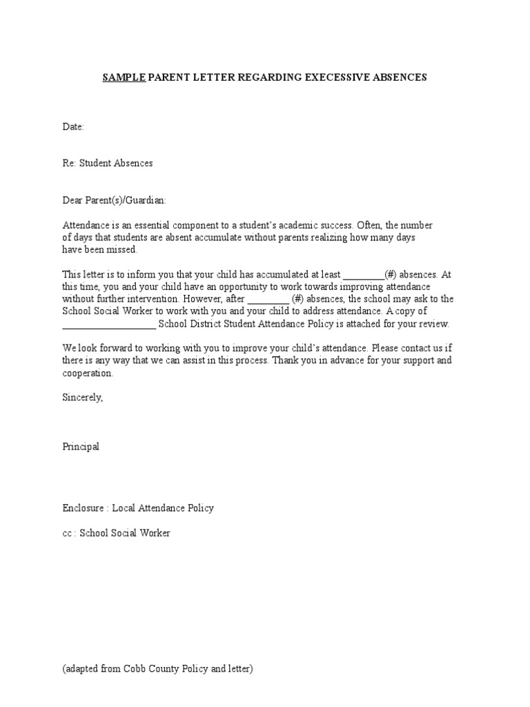 School Attendance Letter Sample Kostenloses School Absence Letter