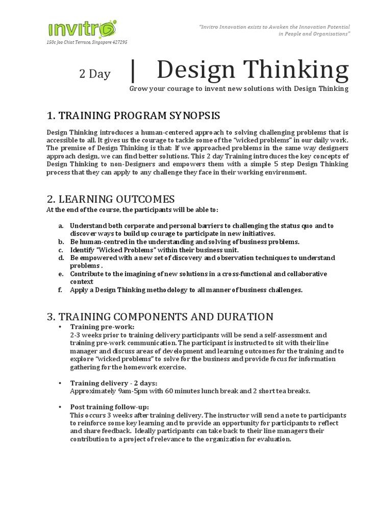 Design Thinking Training Outline | Design Thinking | Innovation