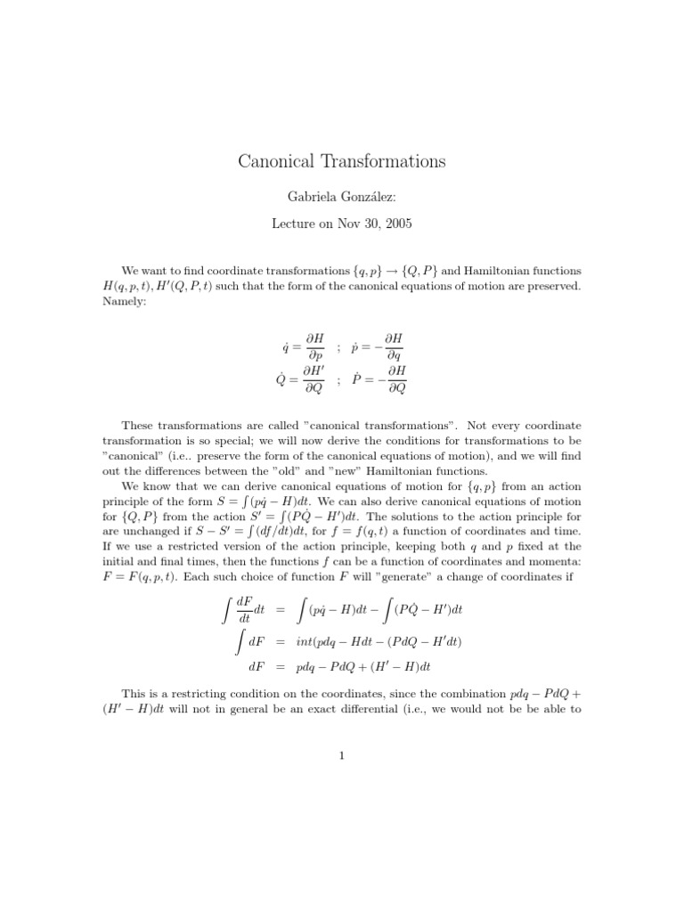 Canonical Transformations | PDF | Hamiltonian Mechanics | Physics