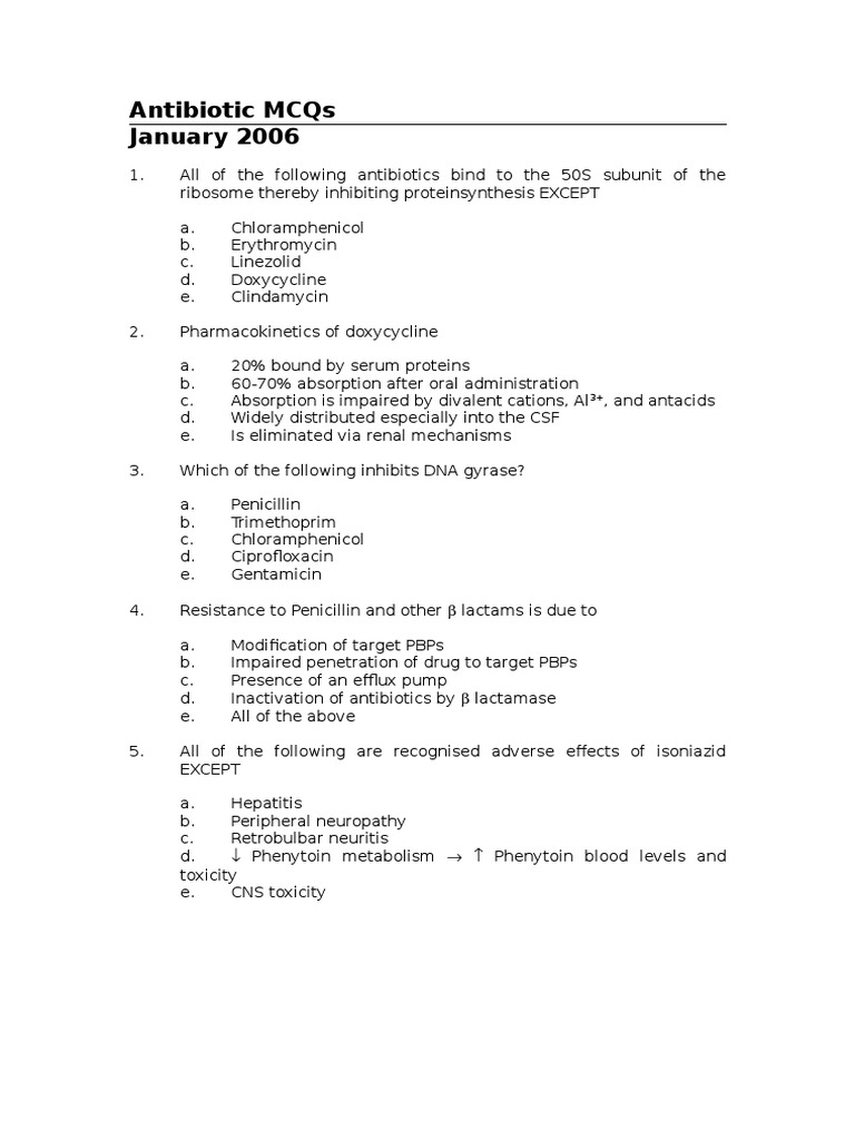 Antibiotic MCQs and Answers | PDF | Antimicrobial Resistance | Antibiotics