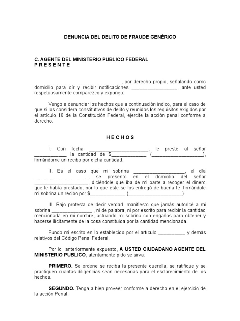 Denuncia Del Delito de Fraude Genérico | PDF | Virtud | Información del ...
