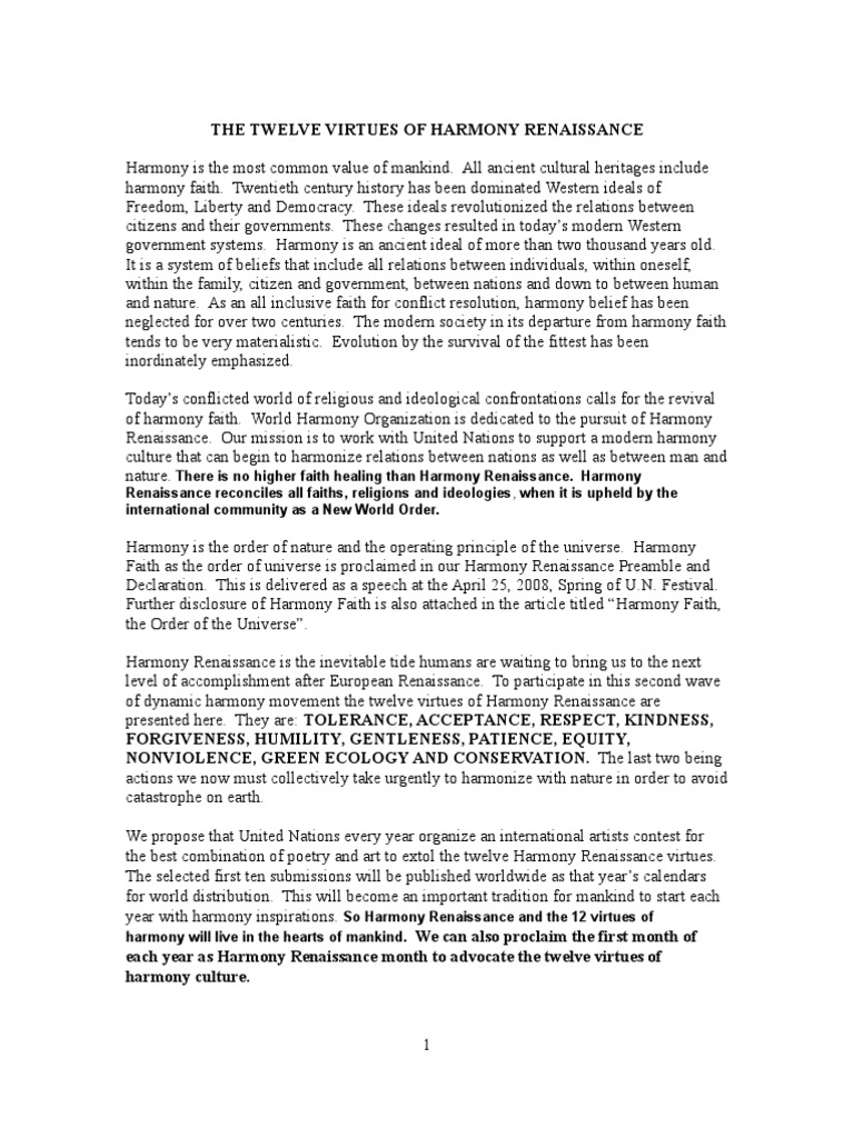 THE TWELVE VIRTUES OF HARMONY RENAISSANCE | Renaissance | Liberty