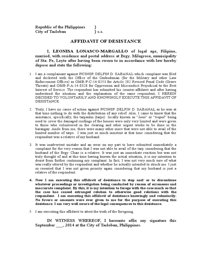 Affidavit of Desistance | PDF | Affidavit | Common Law