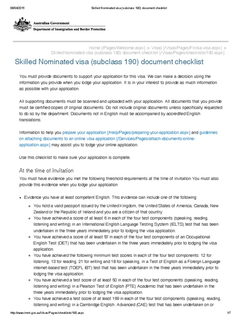 Skilled Nominated Visa (Subclass 190) Document Checklist | Travel Visa ...