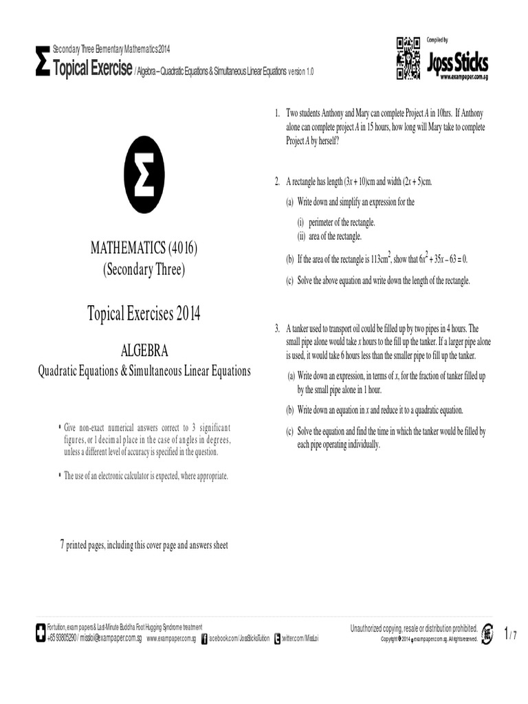 Quadratic Equations and Simultaneous Linear Equations Exercises | PDF ...