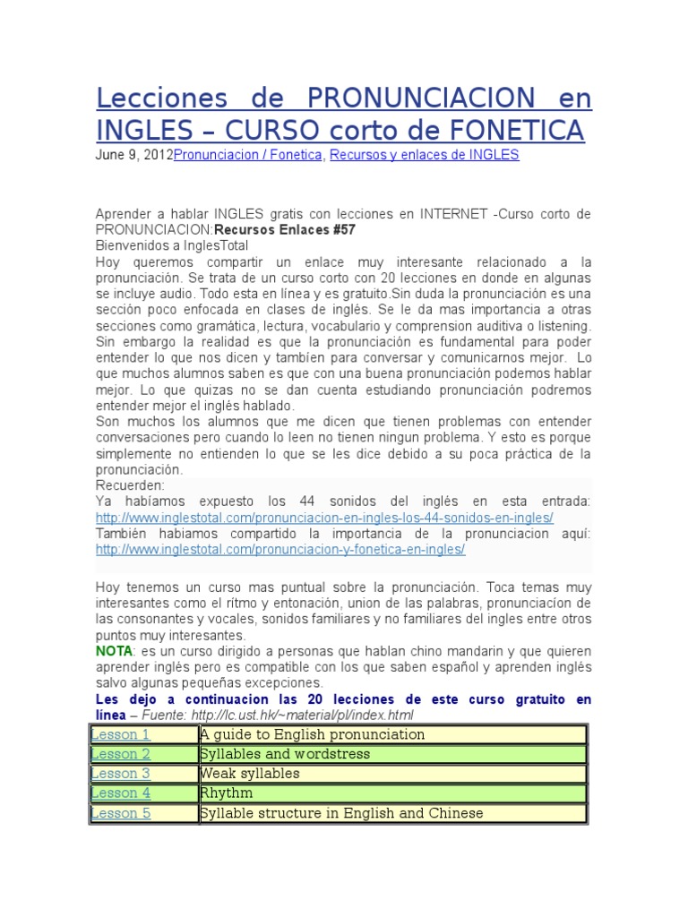 Lecciones de Pronunciacion en Ingles Fonetica | PDF | Idioma en Inglés ...