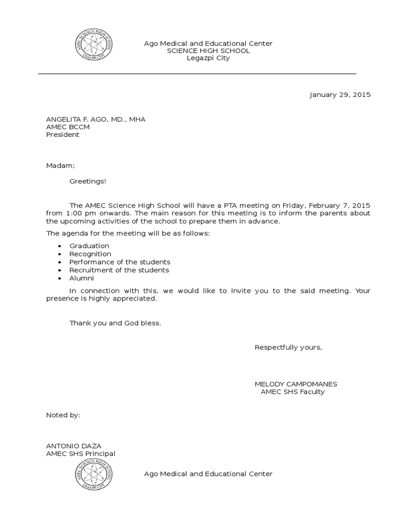 Letter of Invitation For PTA To The President and Parents | PDF | Wellness