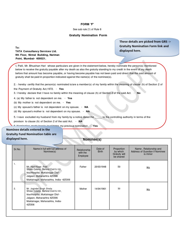 Gratuity Nomination Form Sample | PDF | Social Institutions | Social ...