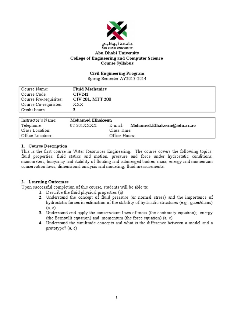 CIV242 Fluid Mechanics Syllabus Template 2015 (1) | Project Based ...