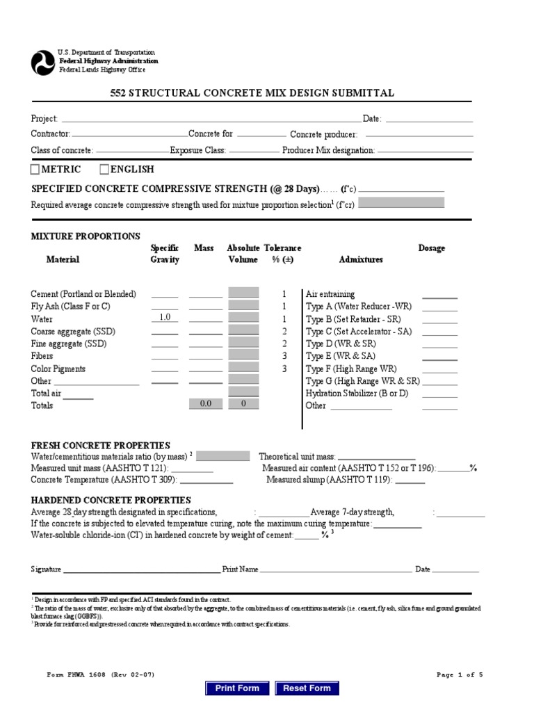 552 Structural Concrete Mix Design Submittal: Metric English Specified ...