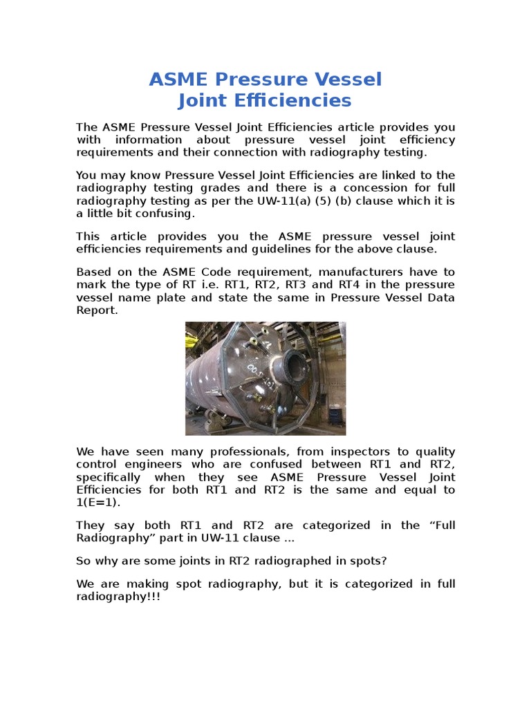 ASME Pressure Vessel Joint Efficiencies