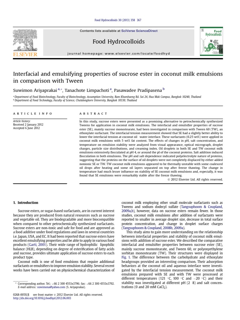 Ts-1 Interfacial and Emulsifying Properties of Sucrose Ester in Coconut Milk Emulsions in ...