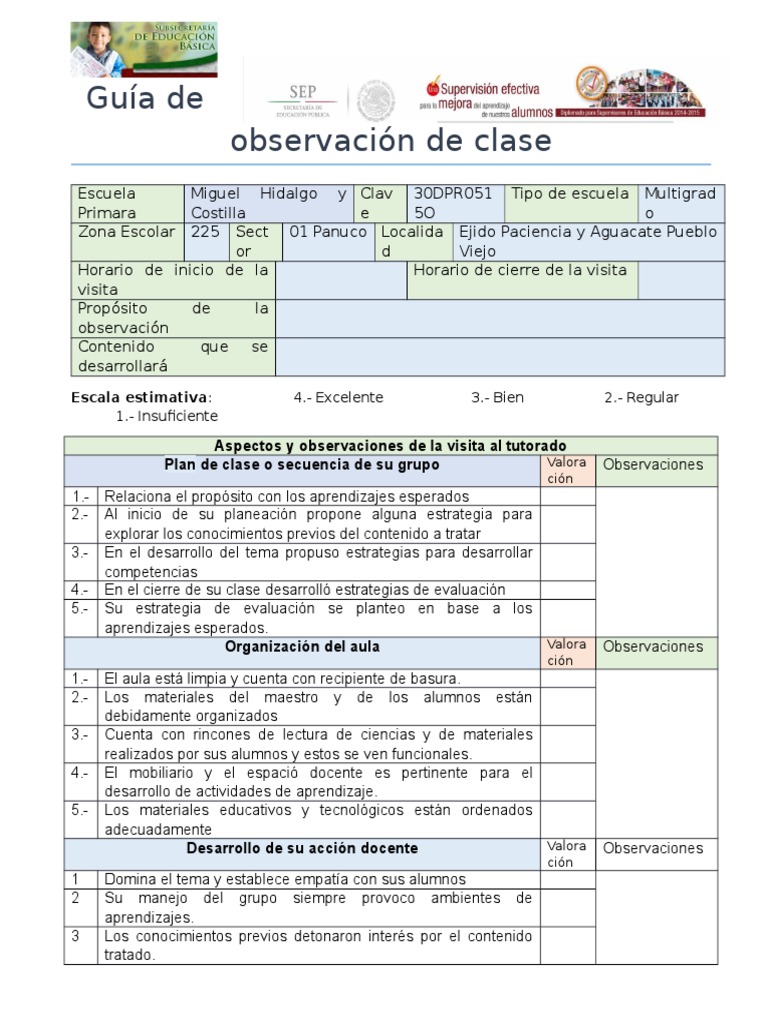 Guía de Observación de Clase | PDF | Maestros | Evaluación