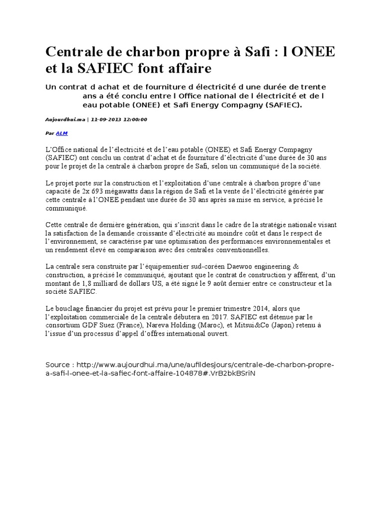 Centrale de Charbon Propre Safi - OnEE - SAFIEC | PDF | La nature ...