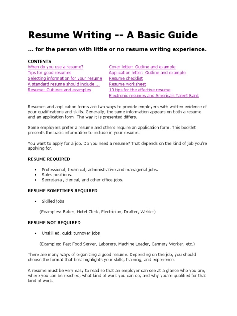 Resume Writing - A Basic Guide: ... For The Person With Little or No ...
