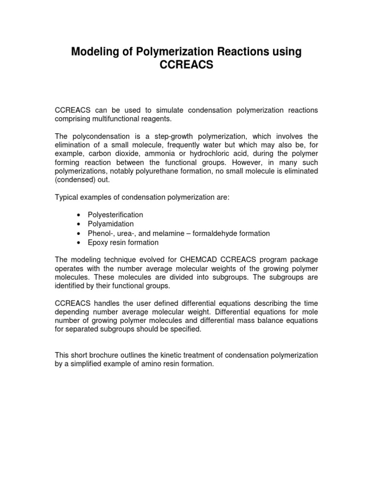 Modeling of Polymerization Reactions Using Ccreacs | PDF ...