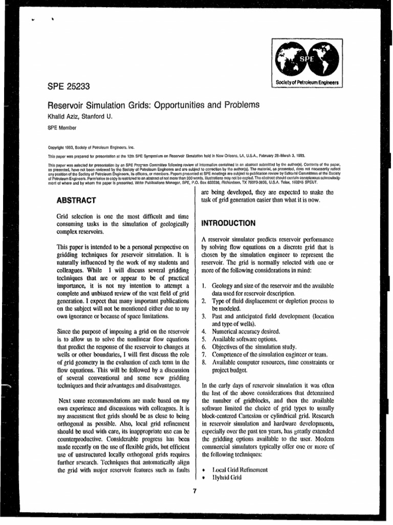 SPE 25233 Reservoir Simulation Grids: Clppmtunitiw and Problems | PDF ...