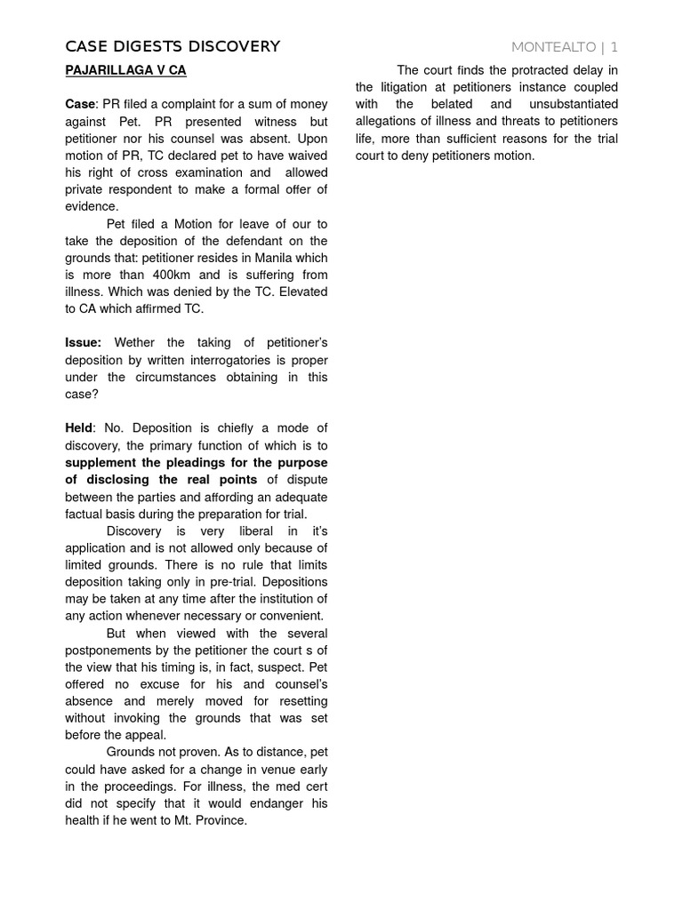 Case Digests Discovery: Montealto - 1 | PDF | Deposition (Law ...