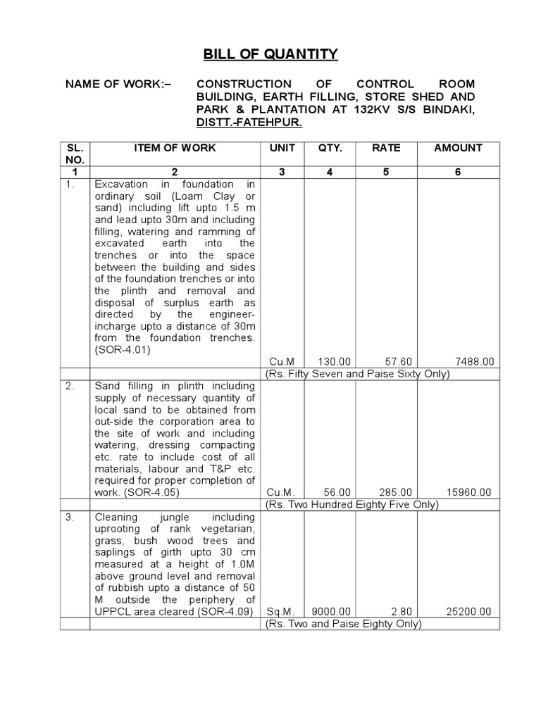 Bill of Quantity-Earth Filling, Bindki, Fatehpur. | Mortar (Masonry ...