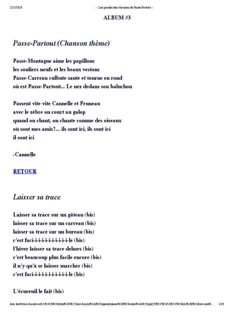 Les Paroles Des Chansons de Passe-Partout - 3 | PDF | Loisirs | Musique ...
