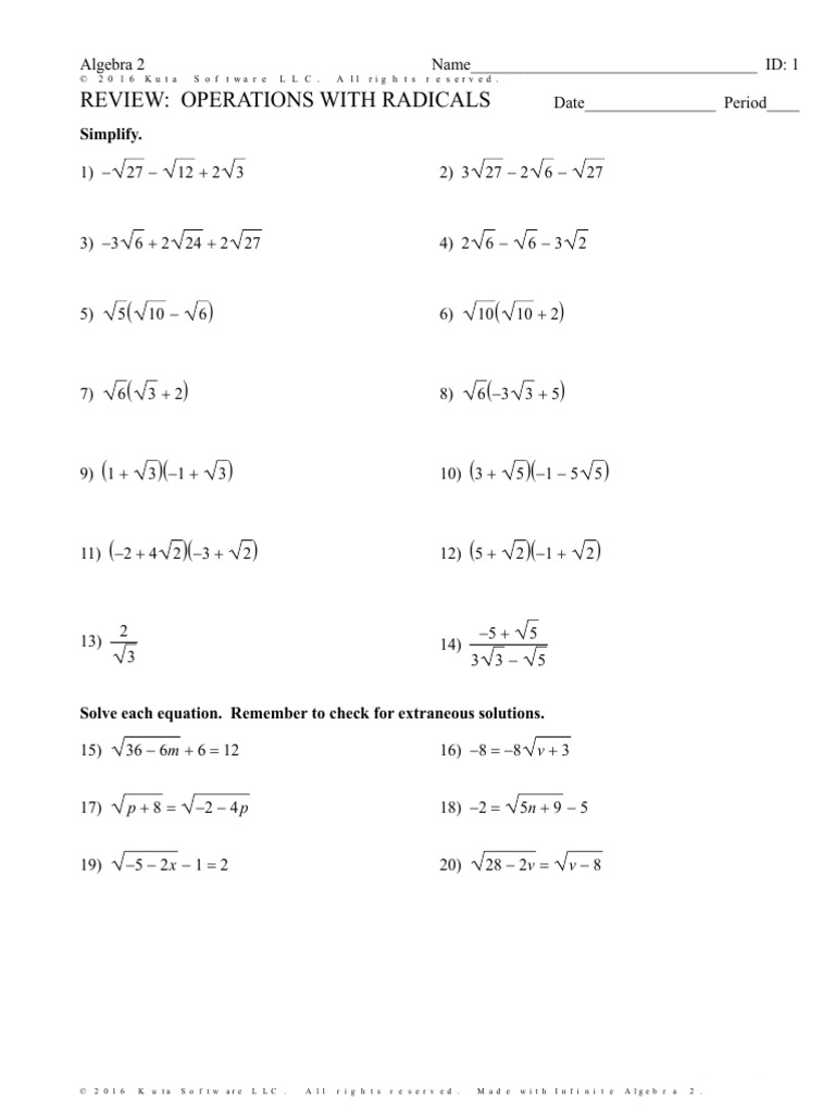 Algebra 2 Radical Operations Review | PDF